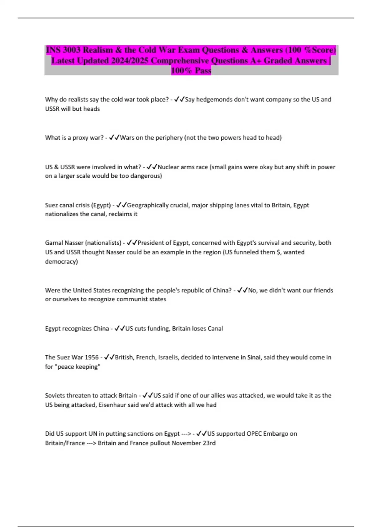 INS 3003 Realism & the Cold War Exam Questions & Answers (100 %Score ...