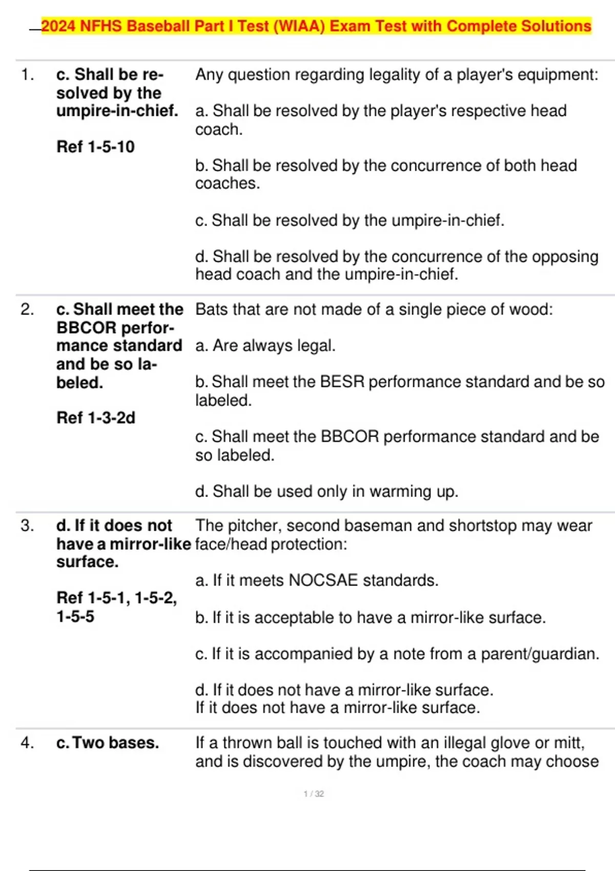 2024 NFHS Baseball Part I Test (WIAA) Exam Test with Complete Solutions ...