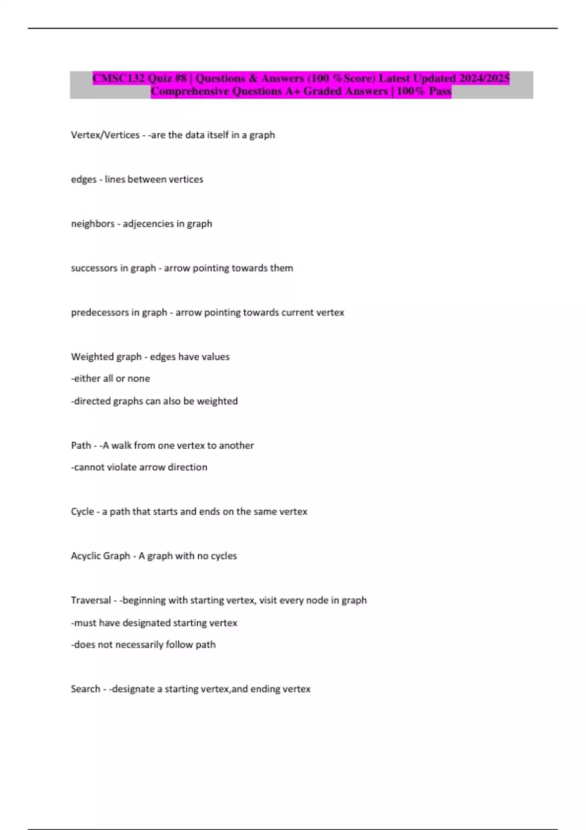 Cmsc132 Quiz 8 Questions And Answers 100 Score Latest Updated 2024 2025 Comprehensive