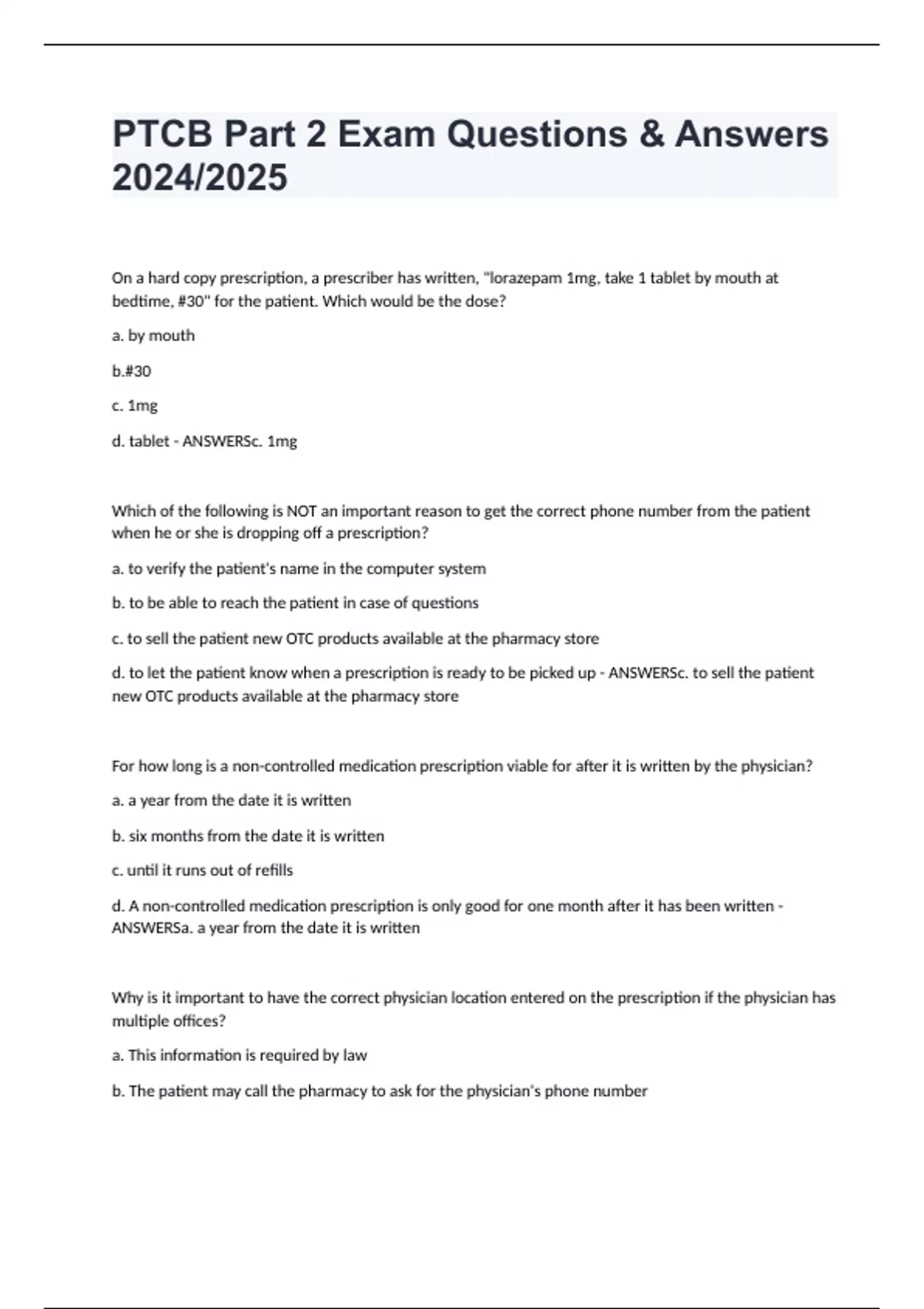 PTCB Part 2 Exam Questions & Answers 2024/2025 - PTCB Part 2 - Stuvia US