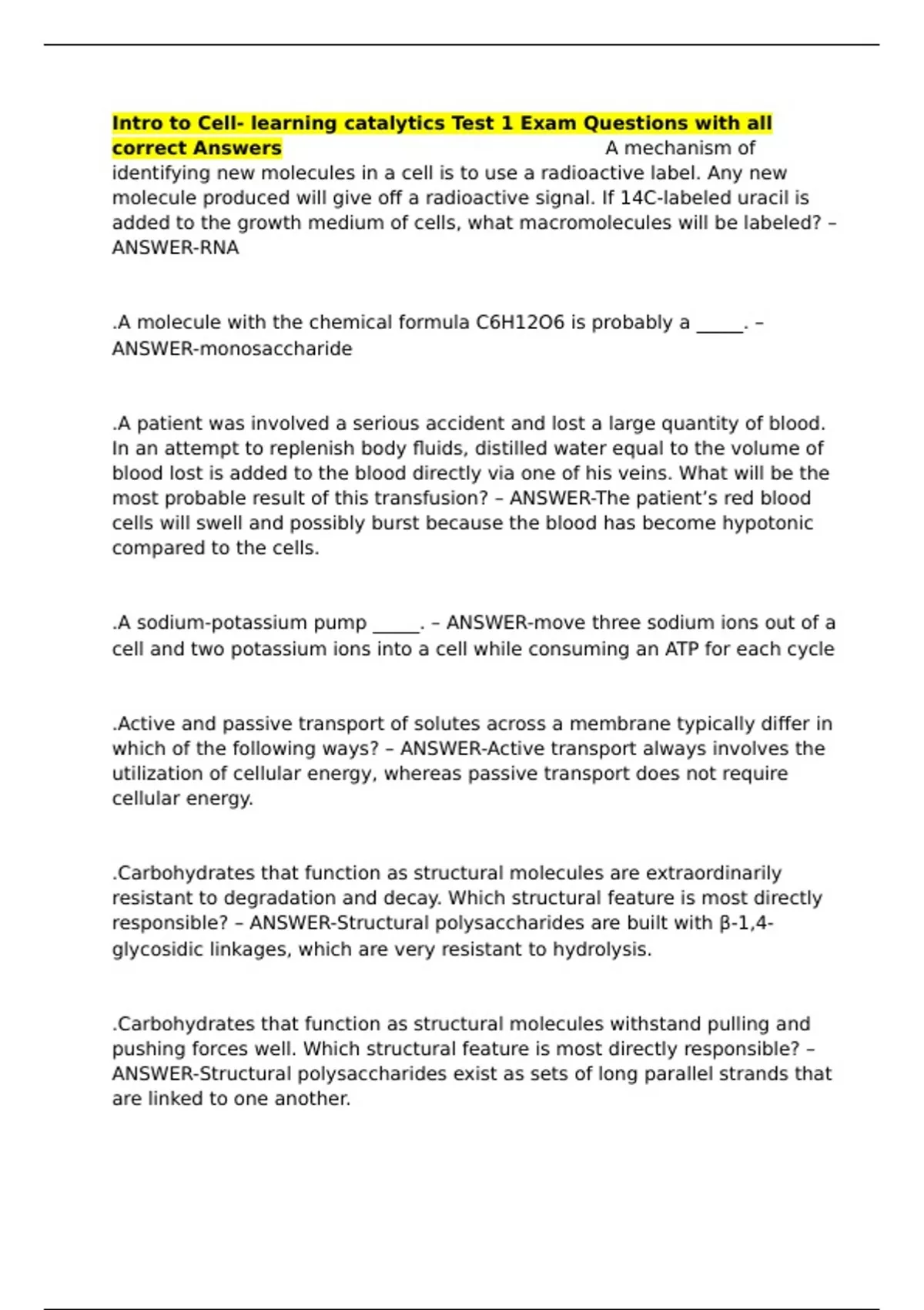 Intro to Cell- learning catalytics Test 1 Exam Questions with all ...