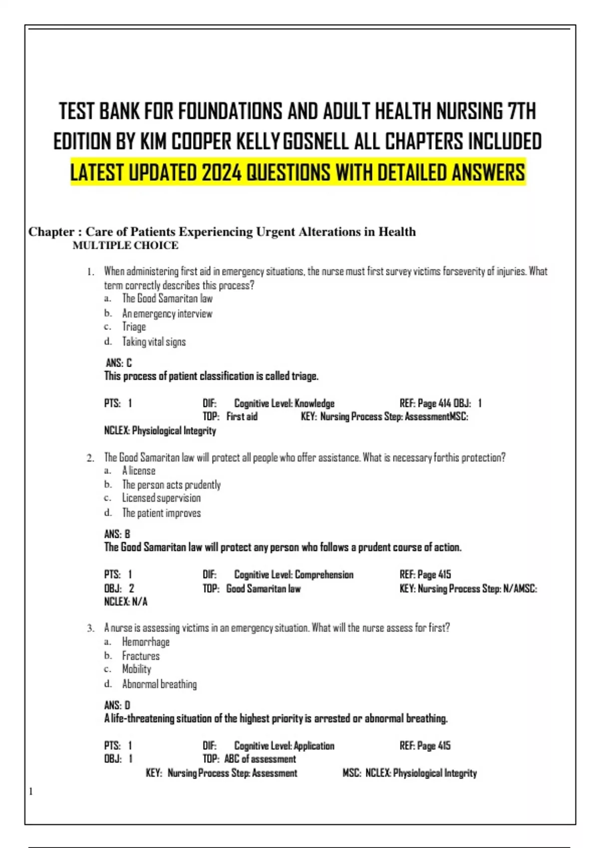 TEST BANK FOR FOUNDATIONS AND ADULT HEALTH NURSING 7TH EDITION BY KIM ...