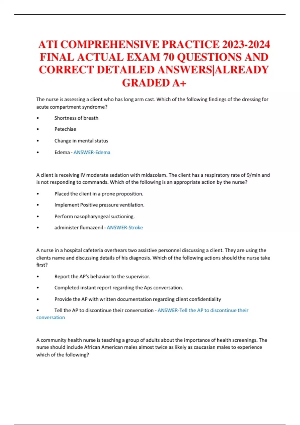 ATI COMPREHENSIVE PRACTICE FINAL ACTUAL EXAM 70 QUESTIONS AND CORRECT ...