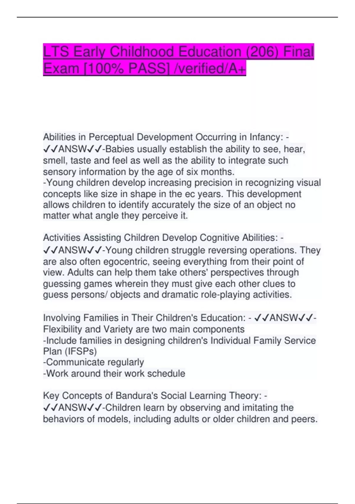LTS Early Childhood Education (206) Final Exam [100% PASS] /verified/A+ ...