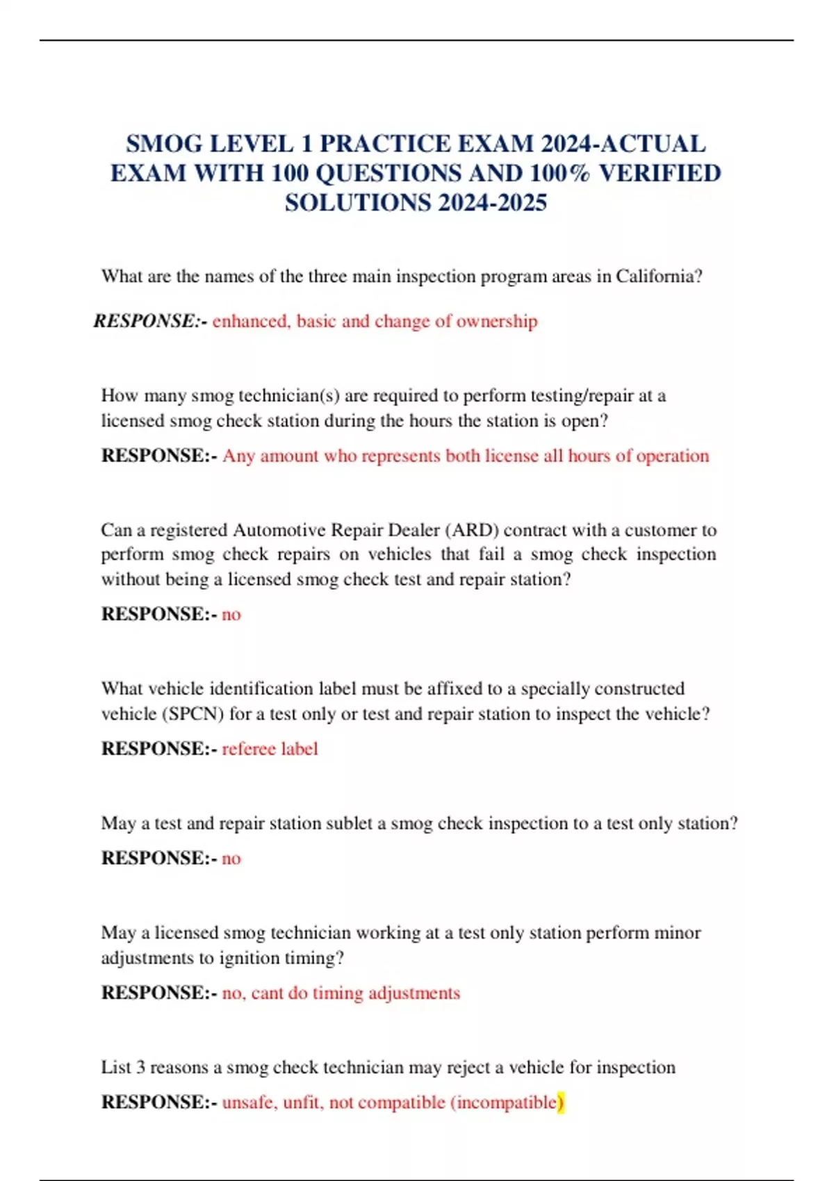 SMOG LEVEL 1 PRACTICE EXAM 2024-ACTUAL EXAM WITH 100 QUESTIONS AND 100% ...