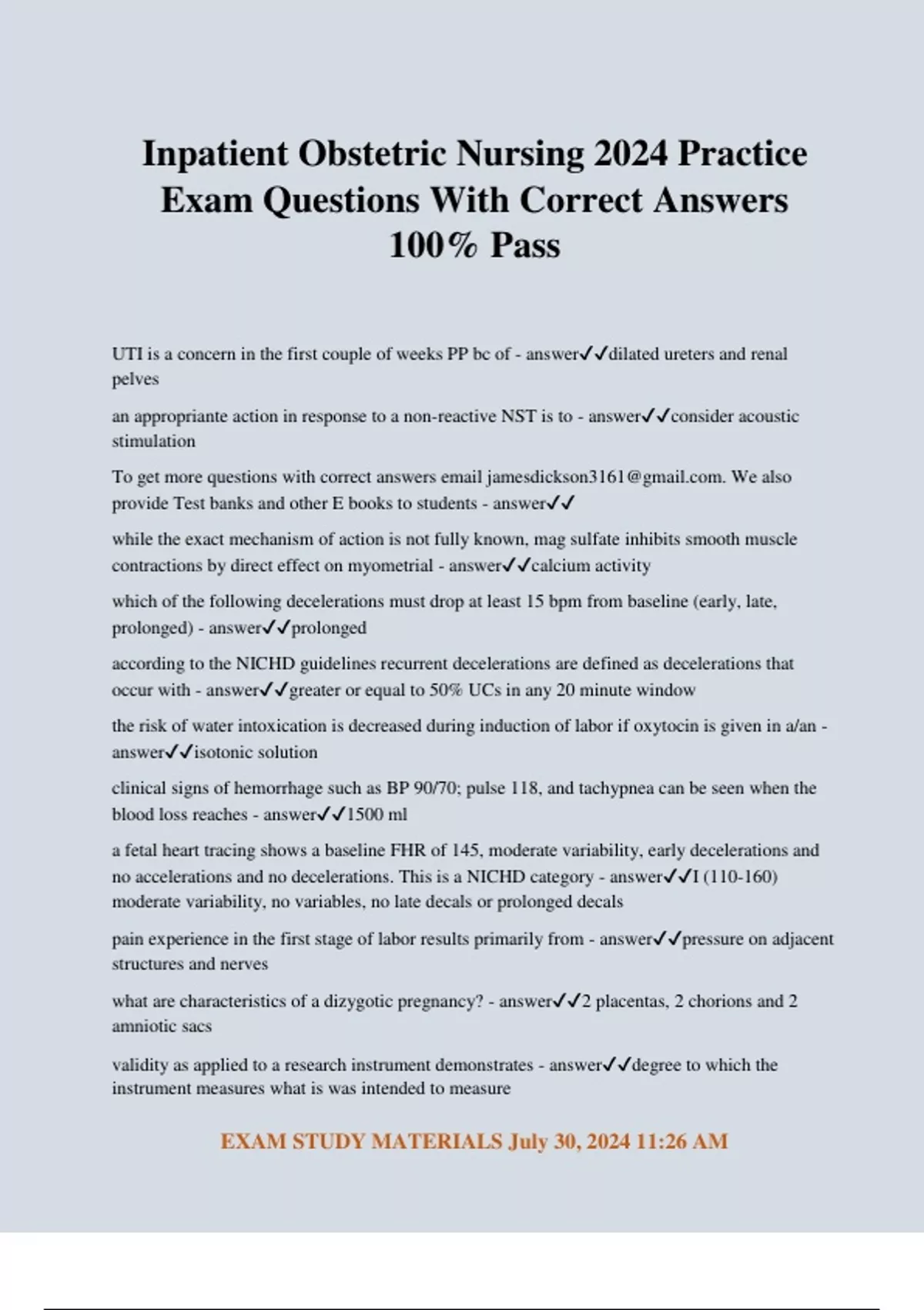 Inpatient Obstetric Nursing 2024 Practice Exam Questions With Correct ...