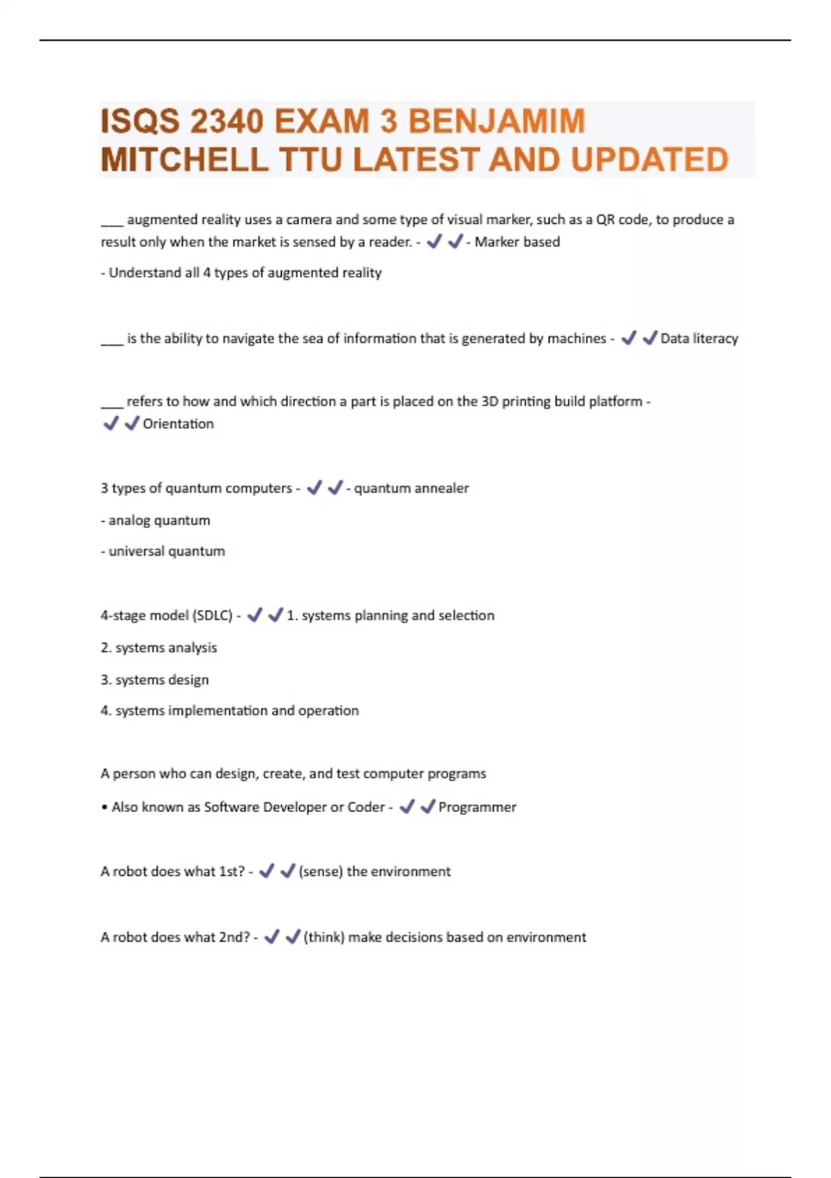 ISQS 2340 EXAM 3 BENJAMIM MITCHELL TTU LATEST AND UPDATED QUESTIONS ...