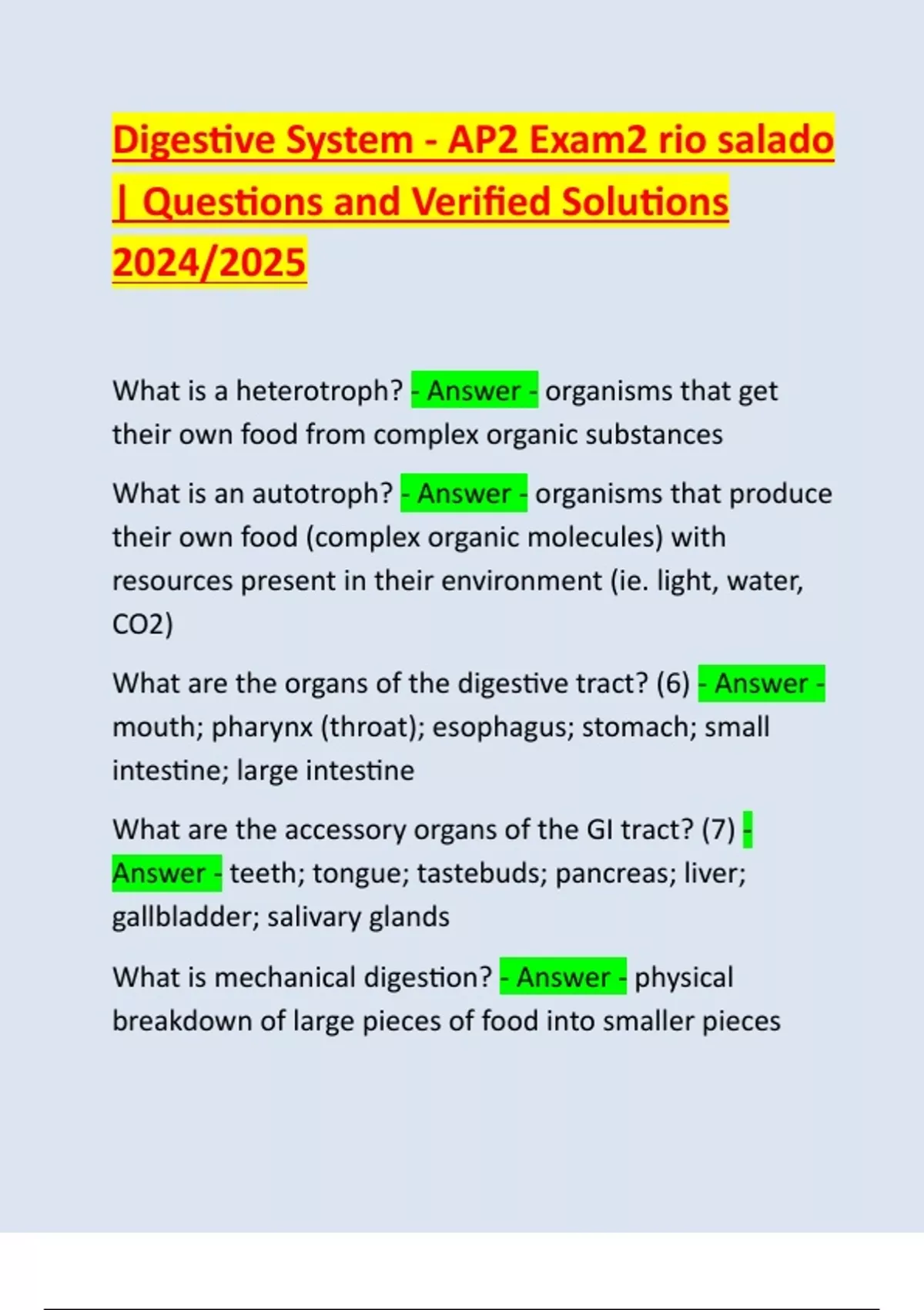 Digestive System - AP2 Exam2 rio salado | Questions and Verified Solutions 2024/2025 - AP2 ...