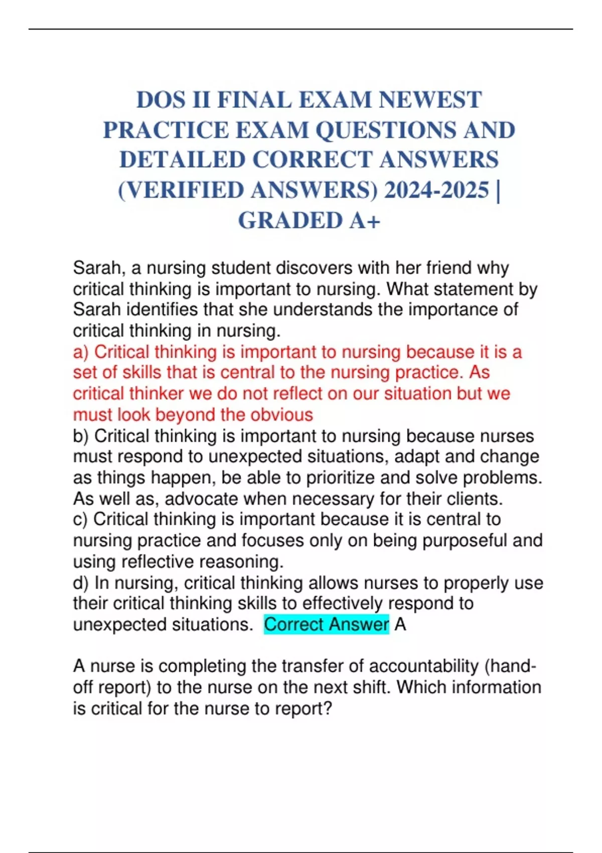 DOS II FINAL EXAM NEWEST PRACTICE EXAM QUESTIONS AND DETAILED CORRECT ...