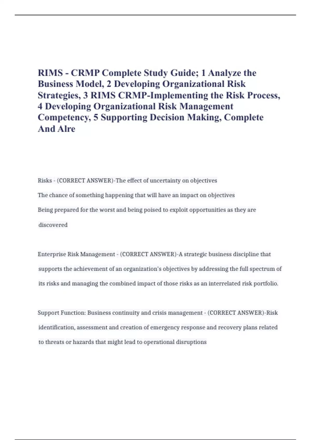 RIMS - CRMP Complete Study Guide; 1 Analyze the Business Model, 2 ...