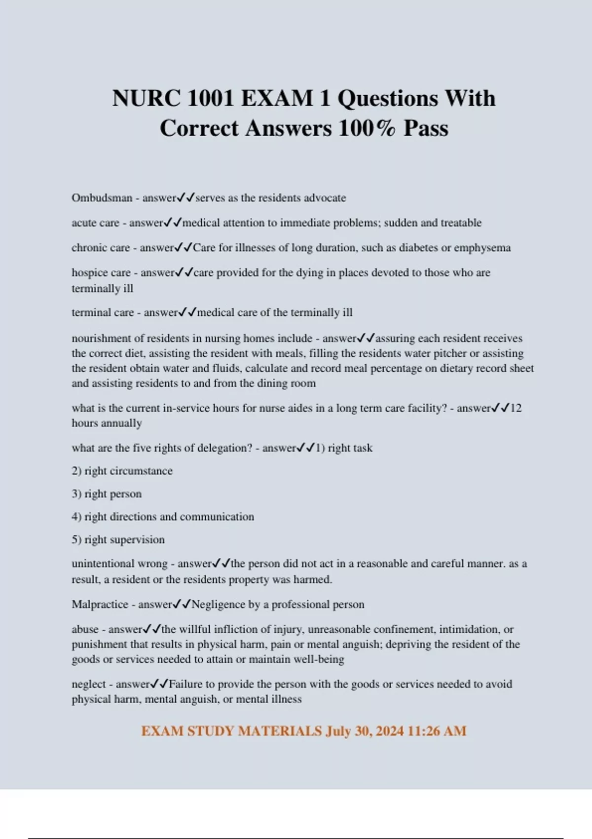 NURC 1001 EXAM 1 Questions With Correct Answers 100% Pass - NURC 1001 ...