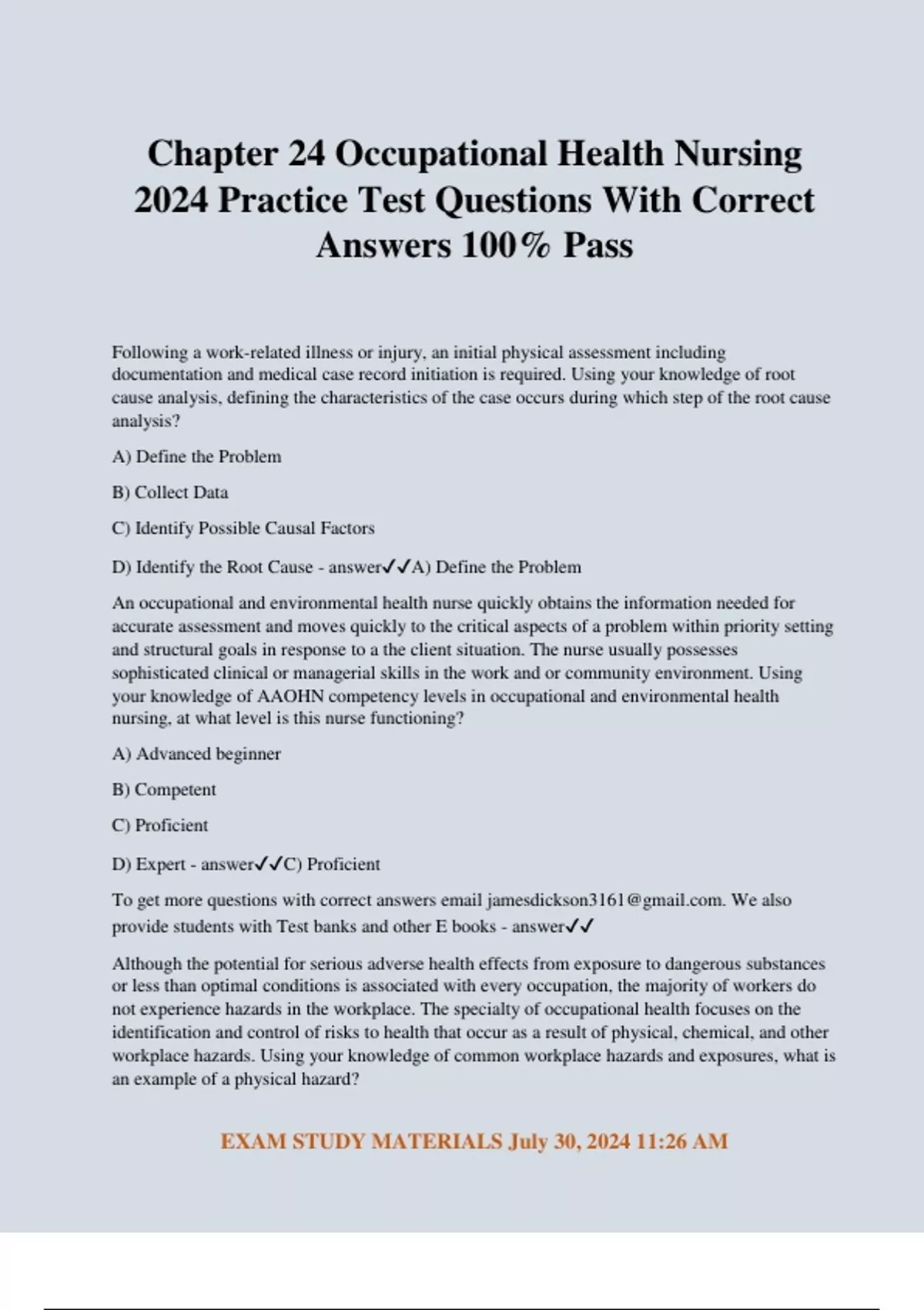 Chapter 24 Occupational Health Nursing 2024 Practice Test Questions ...
