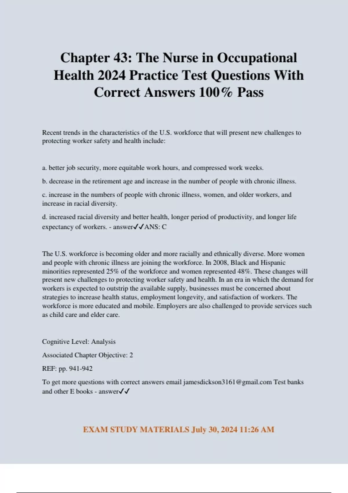Chapter 43: The Nurse in Occupational Health 2024 Practice Test ...