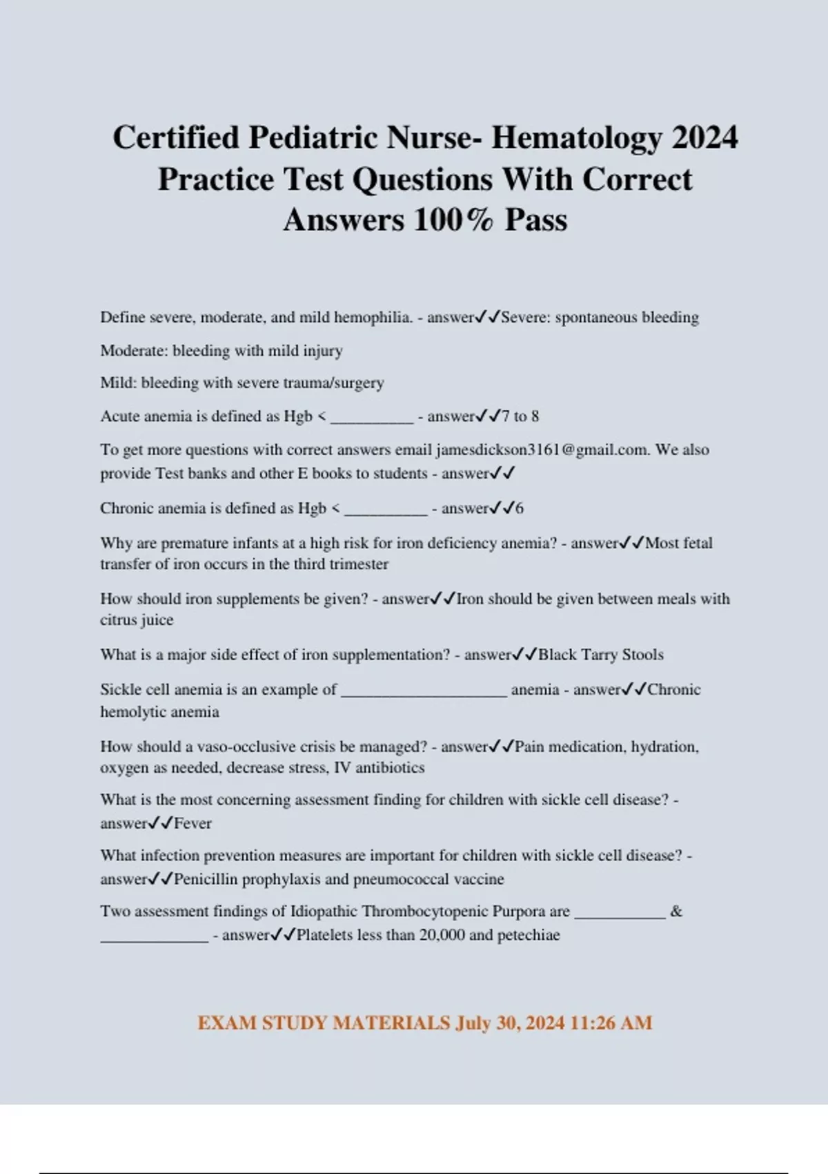 Certified Pediatric Nurse- Hematology 2024 Practice Test Questions With ...