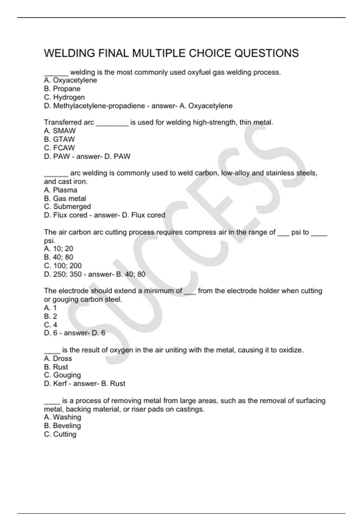 WELDING FINAL MULTIPLE CHOICE QUESTIONS - WELDING - Stuvia US