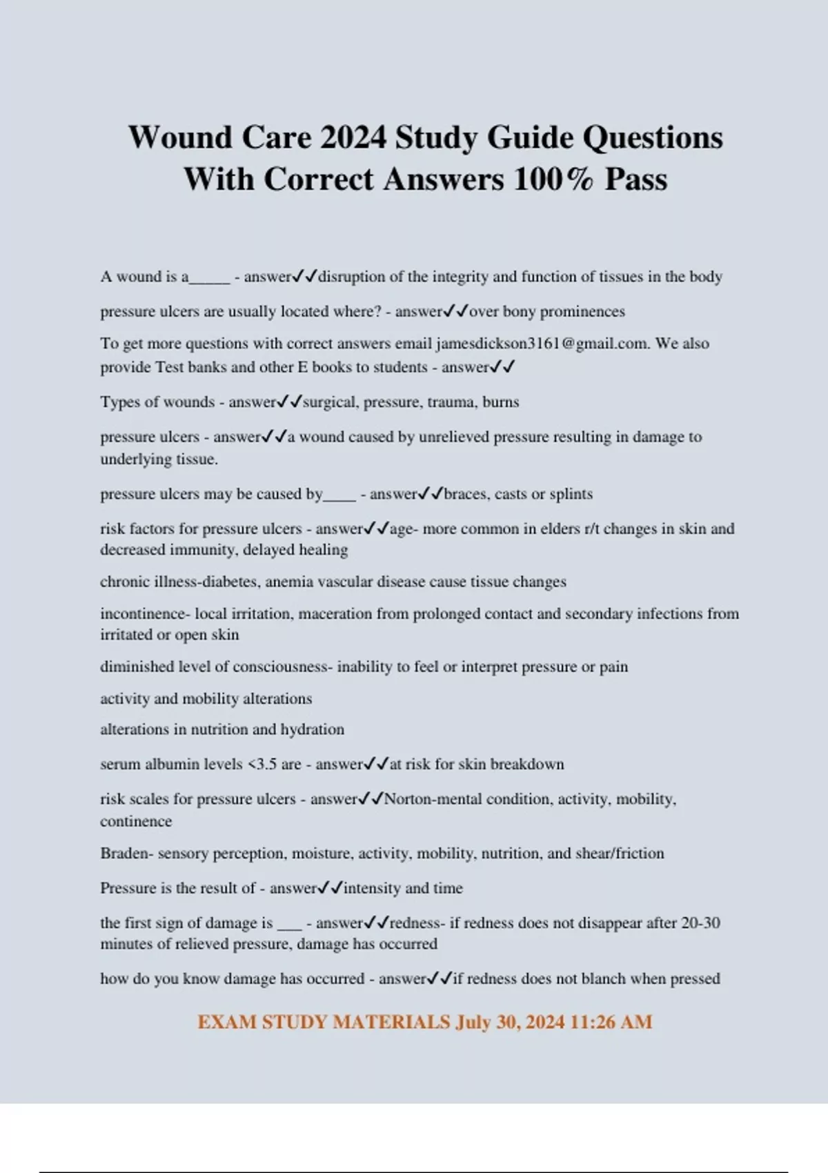 Wound Care 2024 Study Guide Questions With Correct Answers 100% Pass ...