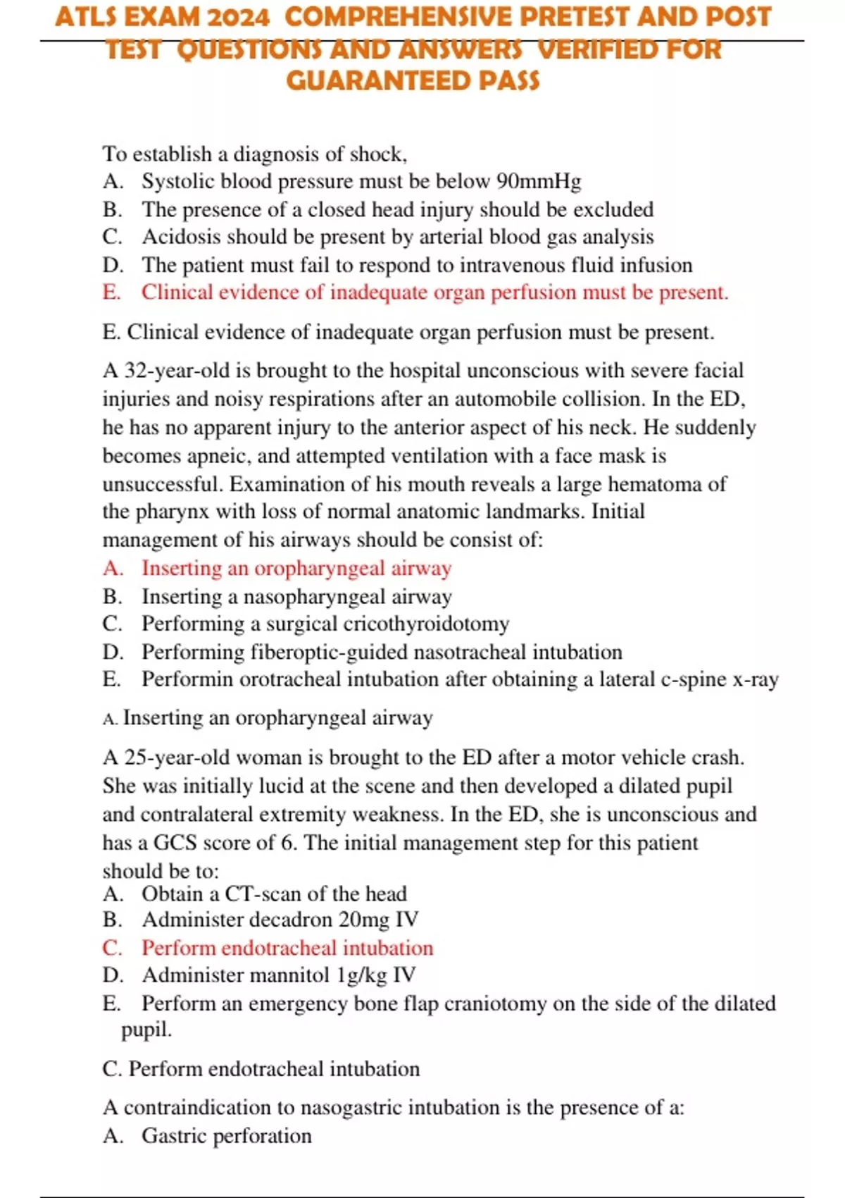ATLS EXAM 2024 COMPREHENSIVE PRETEST AND POST TEST QUESTIONS AND ...