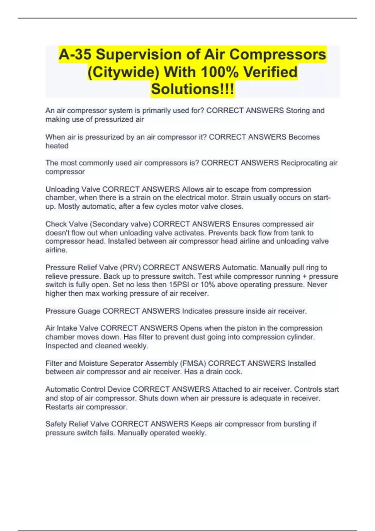 A-35 Supervision of Air Compressors (Citywide) With 100% Verified ...