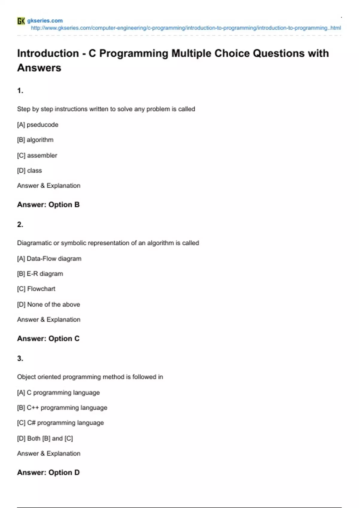 Introduction - C Programming Multiple Choice Questions with Answers - C Programming Multiple ...