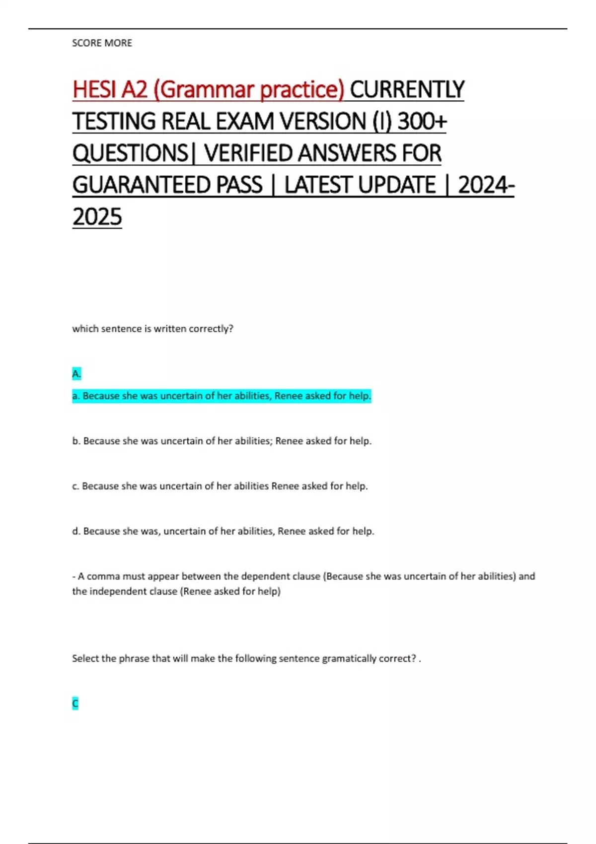 HESI A2 (Grammar practice) CURRENTLY TESTING REAL EXAM VERSION (I) 300 ...