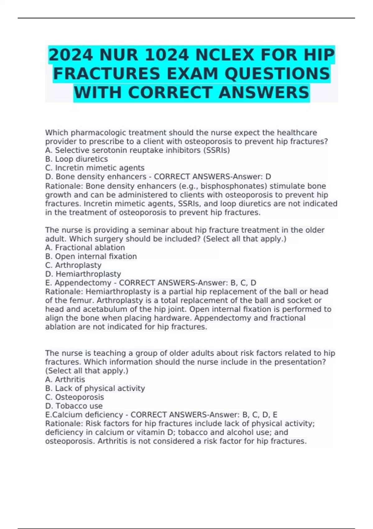 2024 NUR 1024 NCLEX FOR HIP FRACTURES EXAM QUESTIONS WITH CORRECT ...