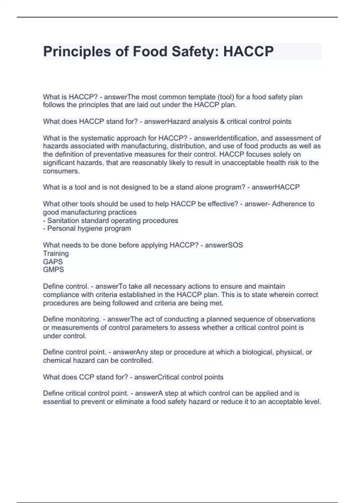 Principles of Food Safety: HACCP Questions and Answers - HACCP - Stuvia US