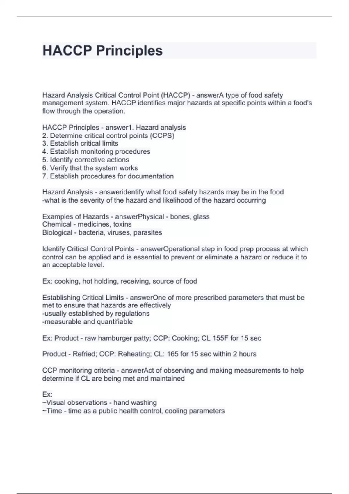 HACCP Principles Questions and Answers 100% Solved - HACCP - Stuvia US
