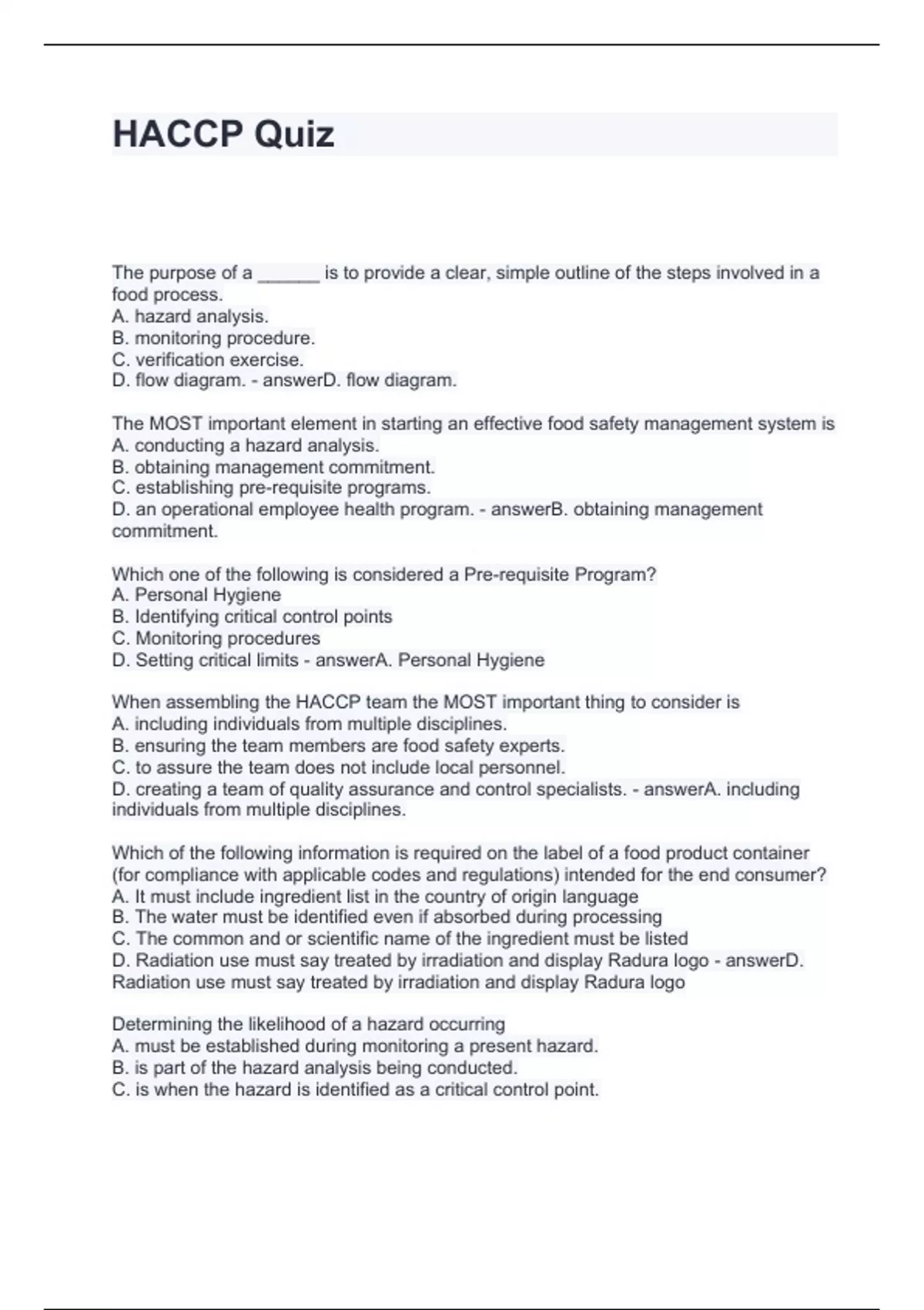 HACCP Quiz Questions and Answers 2024 - HACCP - Stuvia US