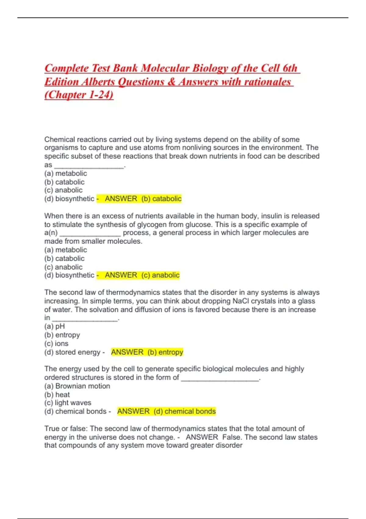 Complete Test Bank Molecular Biology of the Cell 6th Edition Alberts ...