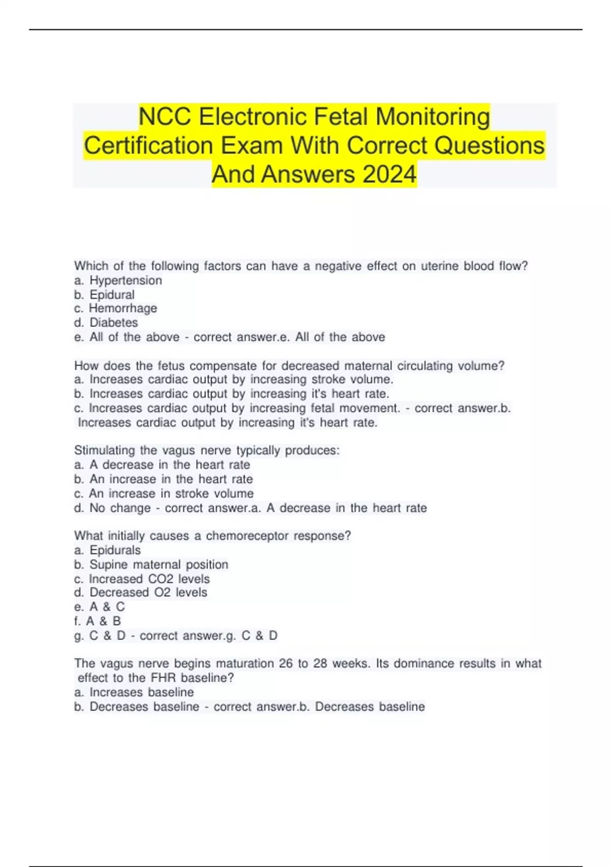 NCC Electronic Fetal Monitoring Certification Exam With Correct Questions And Answers 2024 - NCC ...