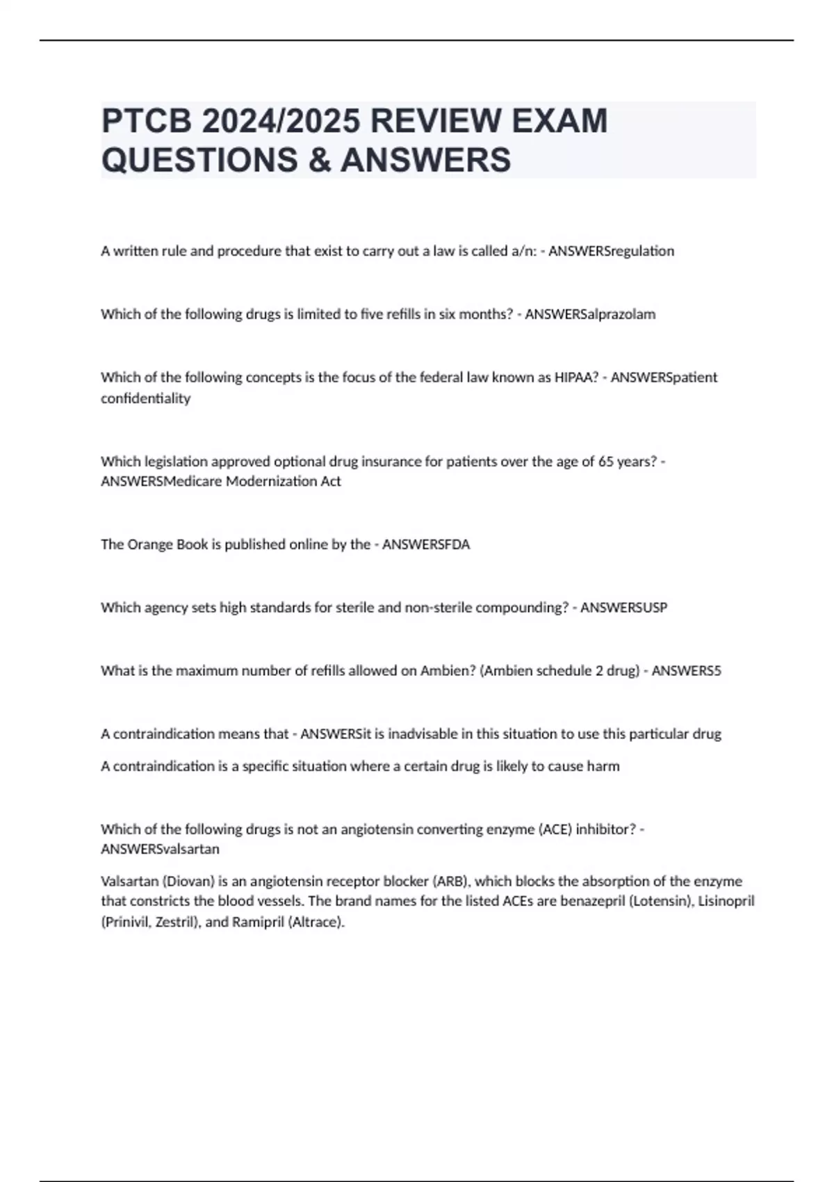 PTCB 2024/2025 REVIEW EXAM QUESTIONS & ANSWERS - PTCB 2024/2025 - Stuvia US