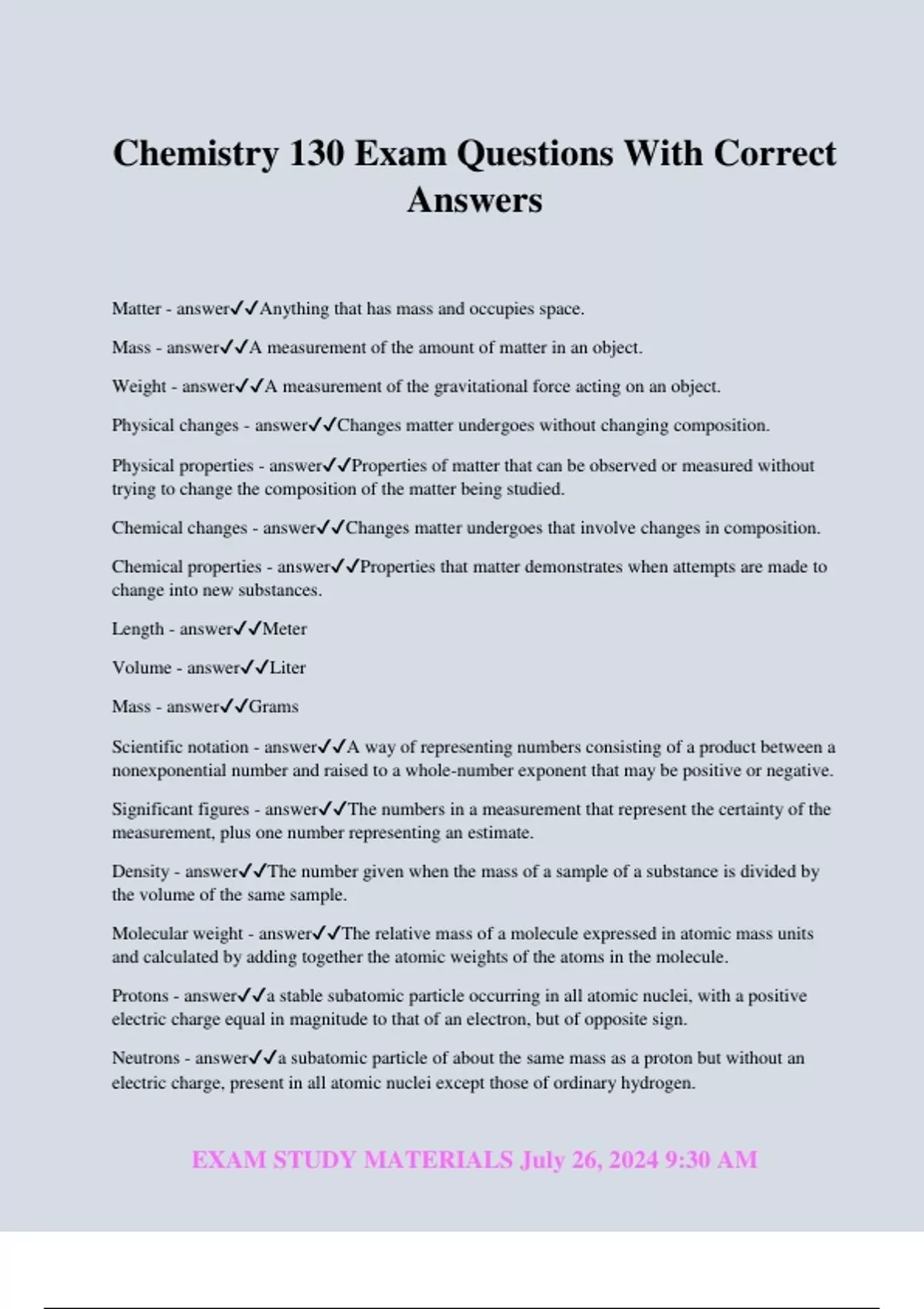 Chemistry 130 Exam Questions With Correct Answers - Chemistry 130 ...