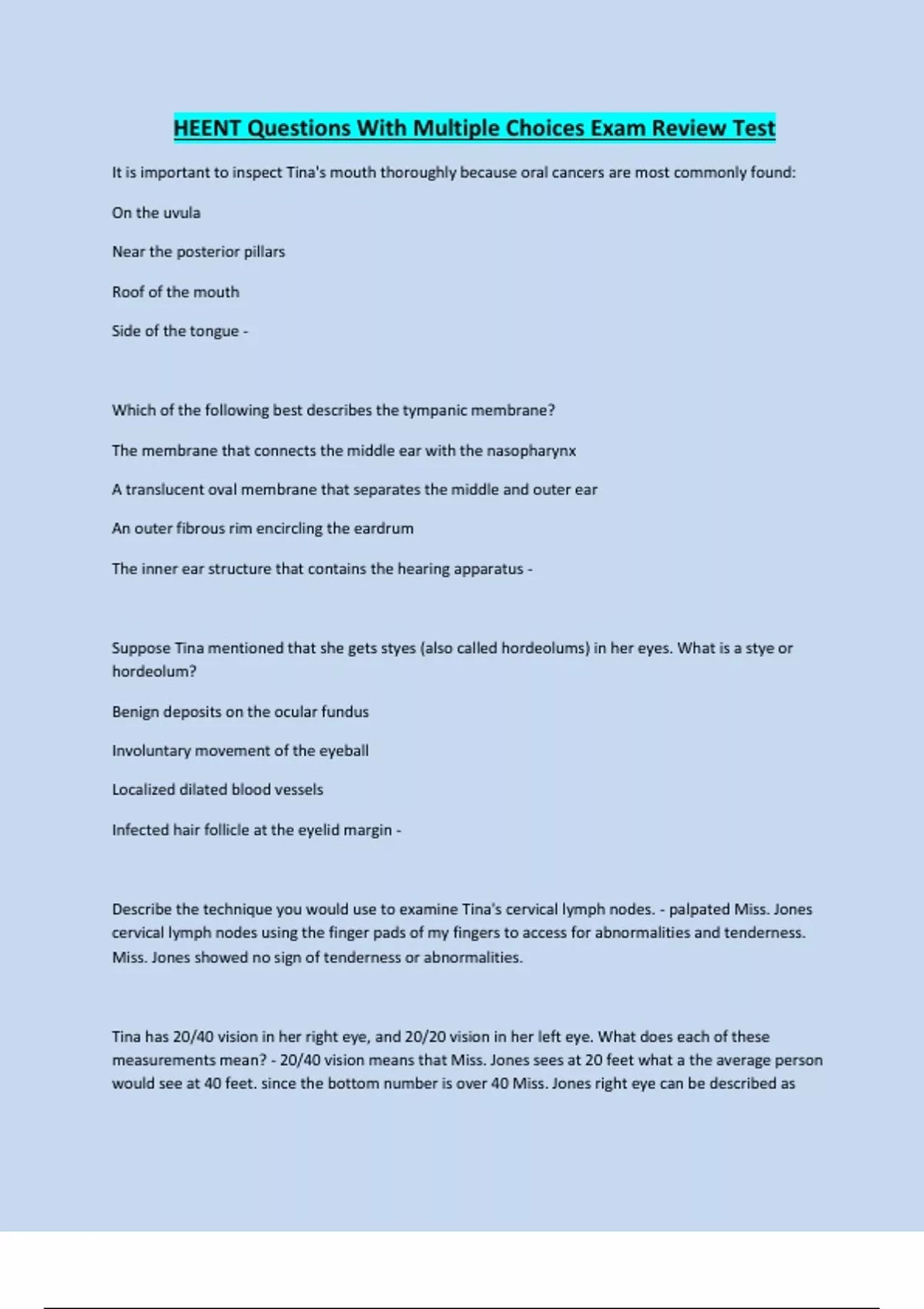 HEENT Questions With Multiple Choices Exam Review Test - HEENT - Stuvia US
