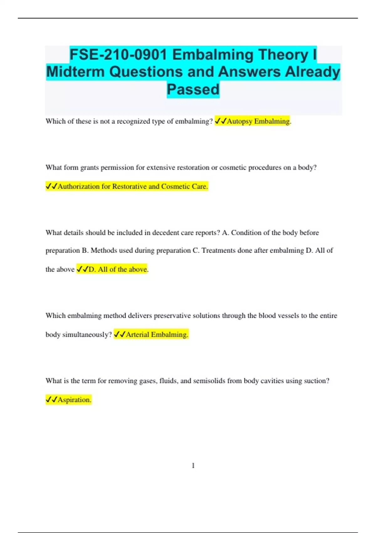 FSE-210-0901 Embalming Theory I Midterm Questions and Answers Already ...
