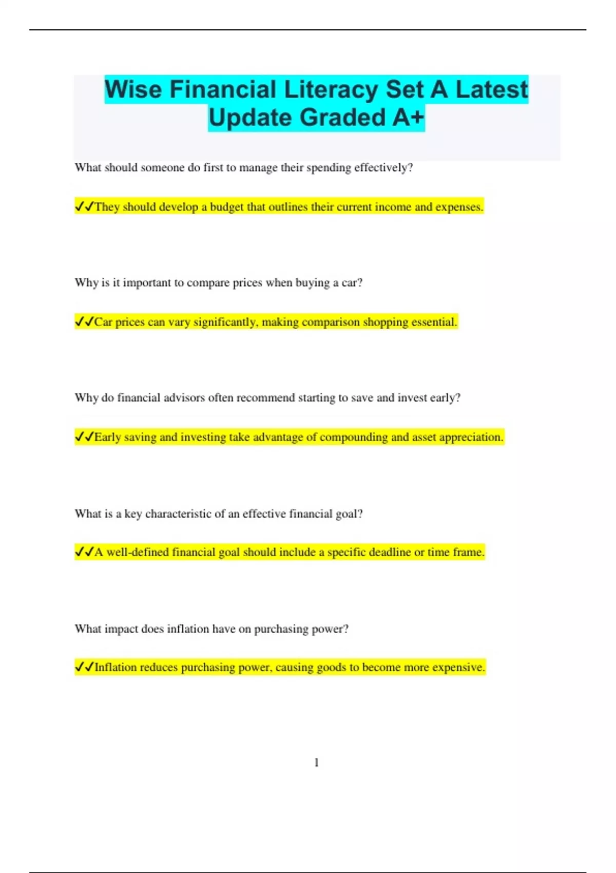 Wise Financial Literacy Bundled Exams Questions and Answers Latest ...