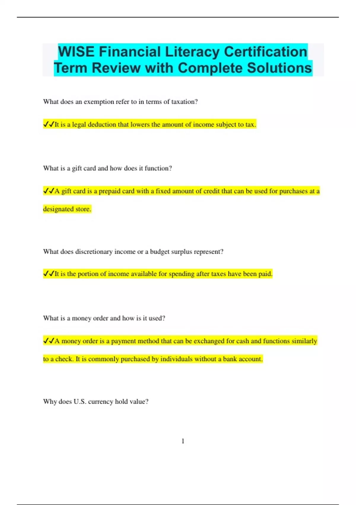 WISE Financial Literacy Certification Term Review with Complete ...