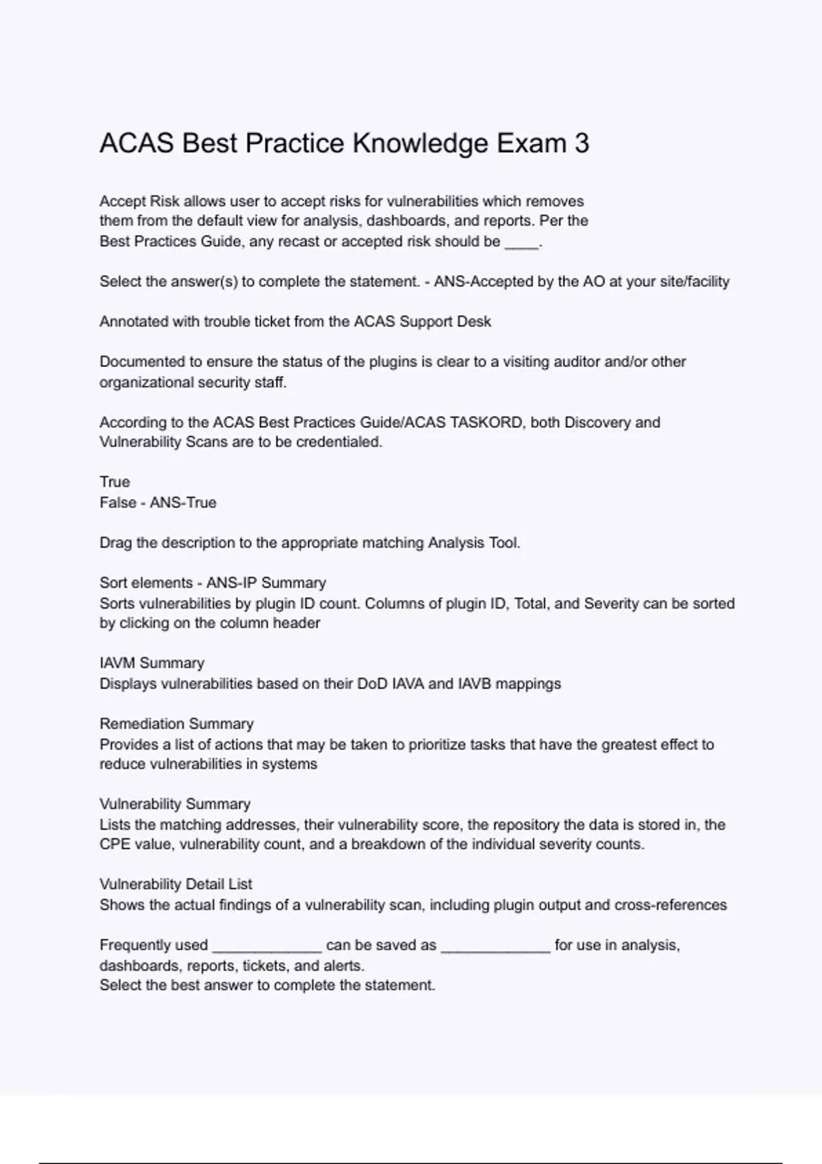 ACAS Best Practice Knowledge Exam 3Questions with 100% Correct Answers ...