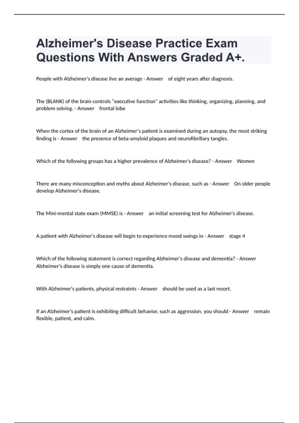 Alzheimer's Disease Practice Exam Questions With Answers Graded A+ ...