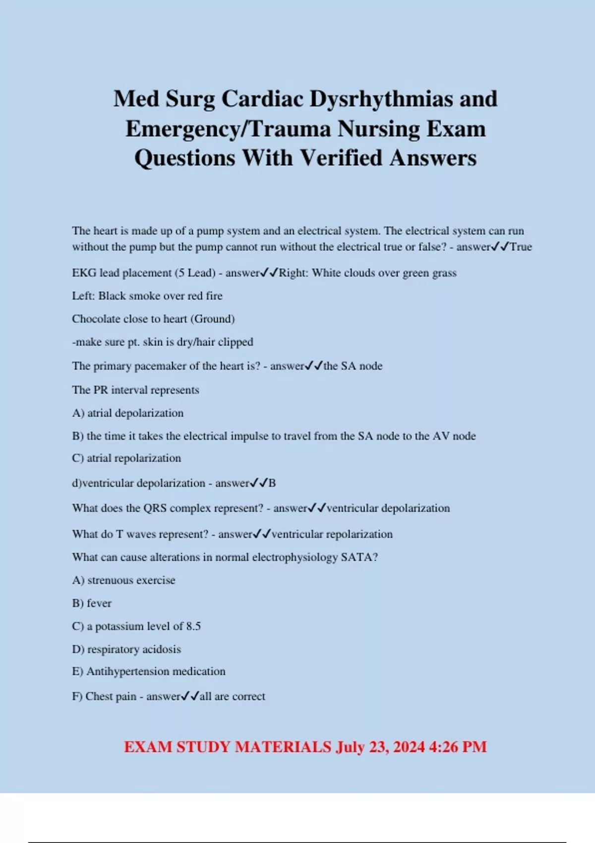 Med Surg Cardiac Dysrhythmias and Emergency/Trauma Nursing Exam ...