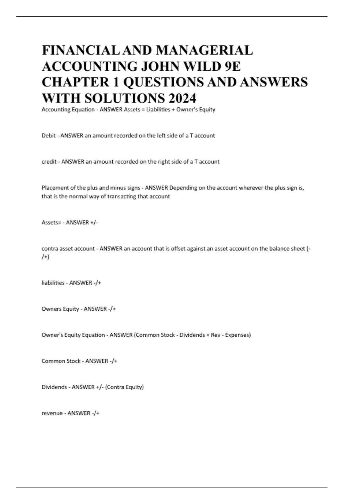 FINANCIAL AND MANAGERIAL ACCOUNTING JOHN WILD 9E CHAPTER 1 QUESTIONS ...