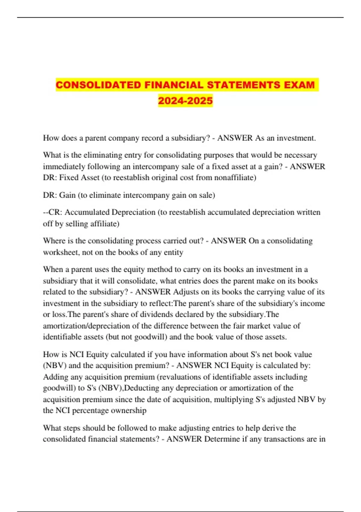 CONSOLIDATED FINANCIAL STATEMENTS EXAM - CONSOLIDATED FINANCIAL ...