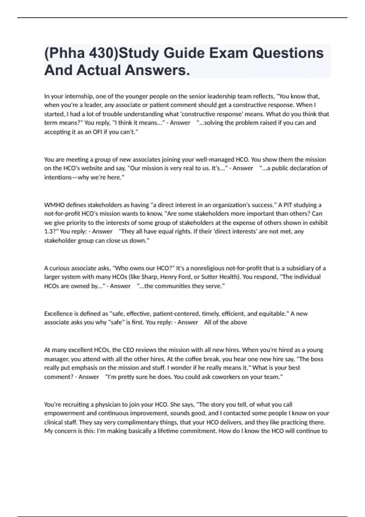 (Phha 430)Study Guide Exam Questions And Actual Answers. - Community ...