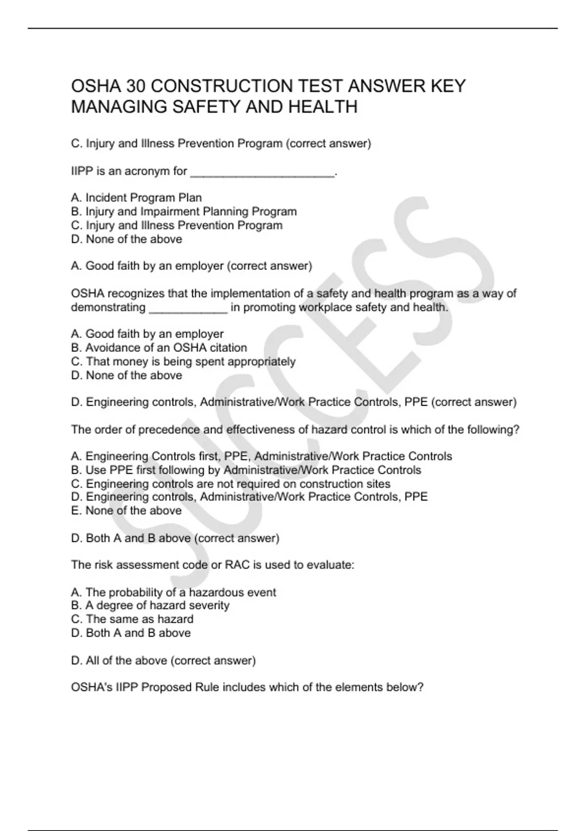 OSHA 30 CONSTRUCTION TEST ANSWER KEY MANAGING SAFETY AND HEALTH - OSHA ...