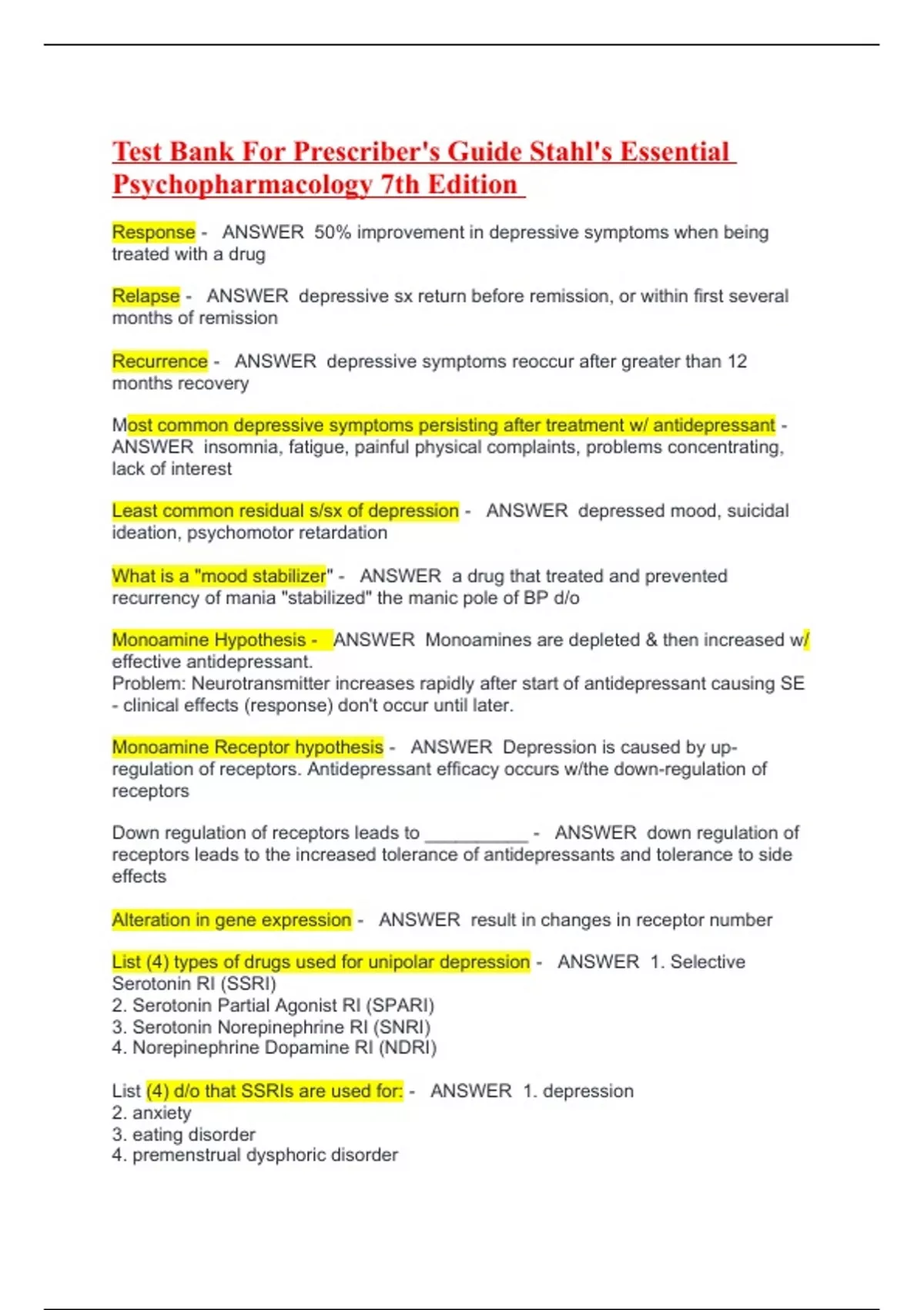 Test Bank For Prescriber's Guide Stahl's Essential Psychopharmacology ...
