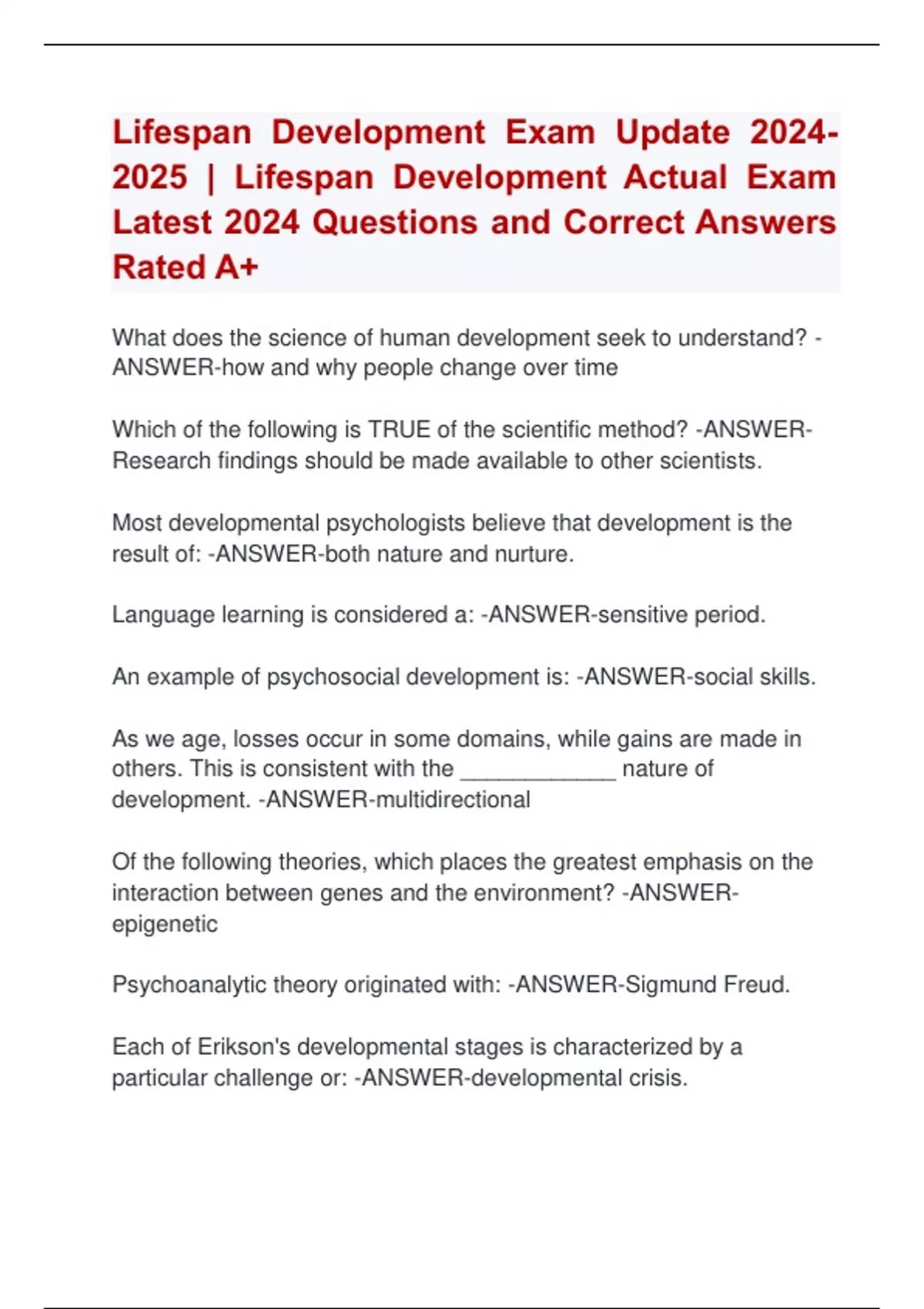 Lifespan Development Exam Update | Lifespan Development Actual Exam ...