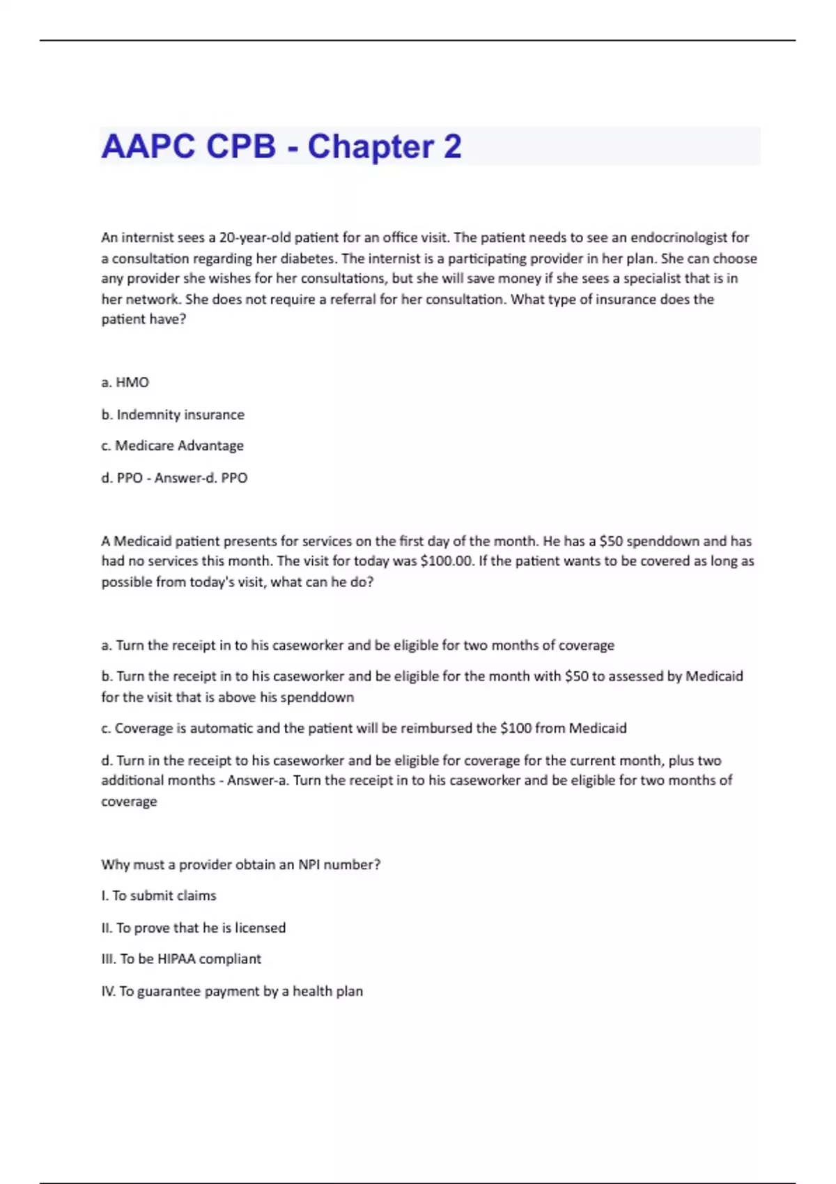 AAPC CPB - Chapter 2 Questions And Answers With Verified Solutions ...