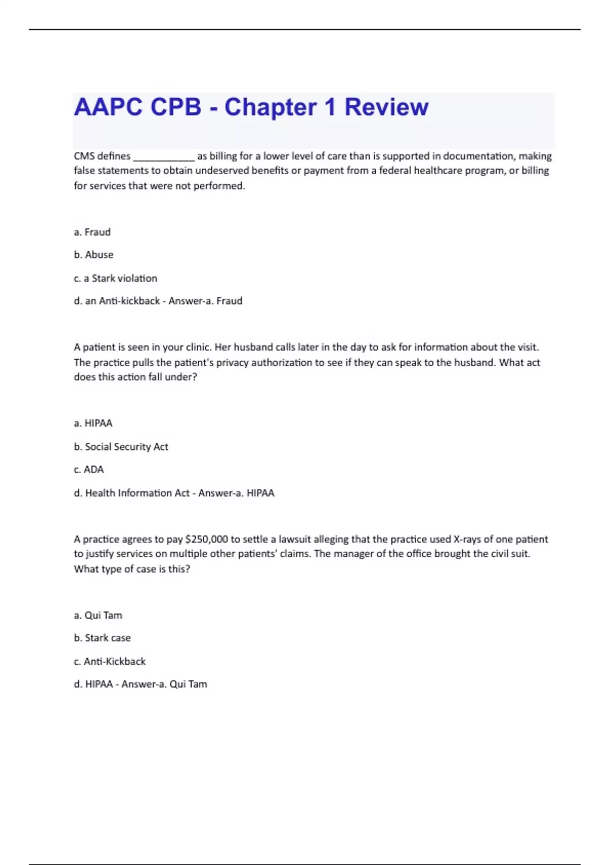 AAPC CPB - Chapter 1 Review Updated 2024/2025 Actual Questions and ...