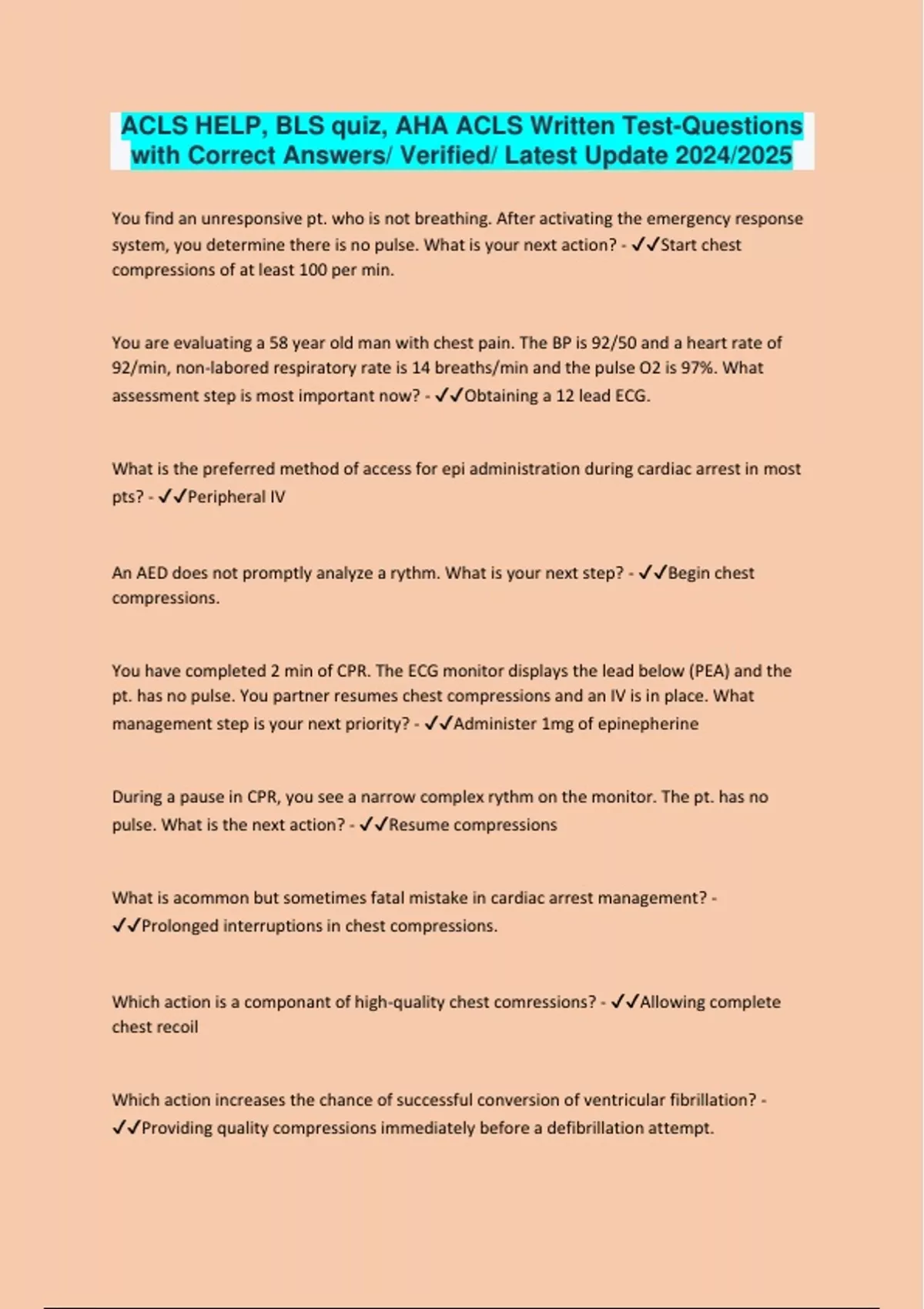 ACLS HELP, BLS quiz, AHA ACLS Written Test-Questions with Correct ...
