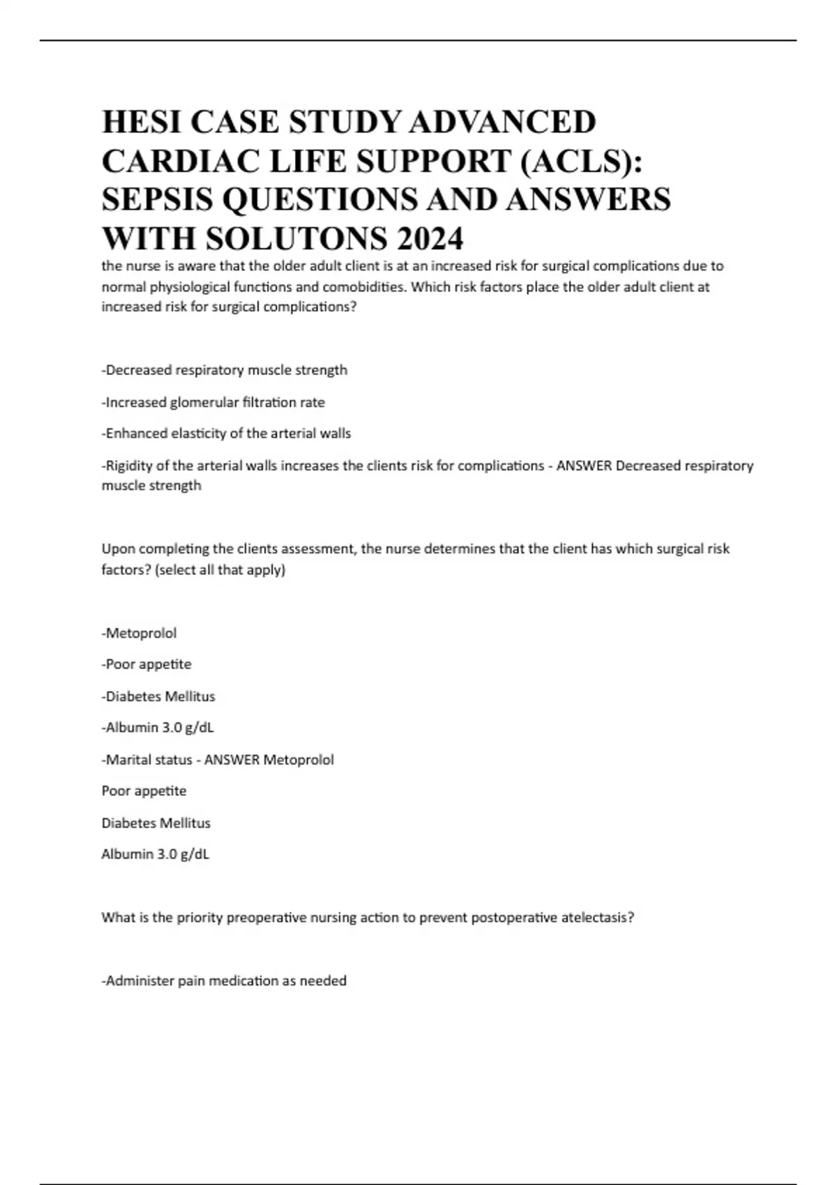 HESI CASE STUDY ADVANCED CARDIAC LIFE SUPPORT (ACLS): SEPSIS QUESTIONS AND ANSWERS WITH SOLUTONS ...