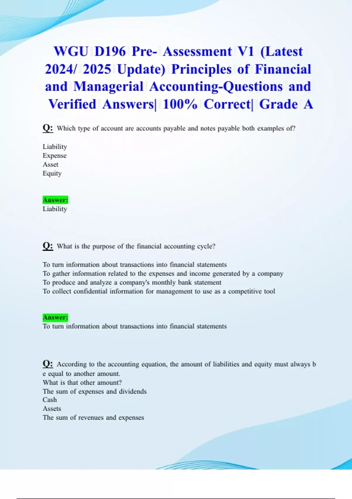 WGU D196 Pre- Assessment V1 (Latest 2024/ 2025 Update) Principles of ...